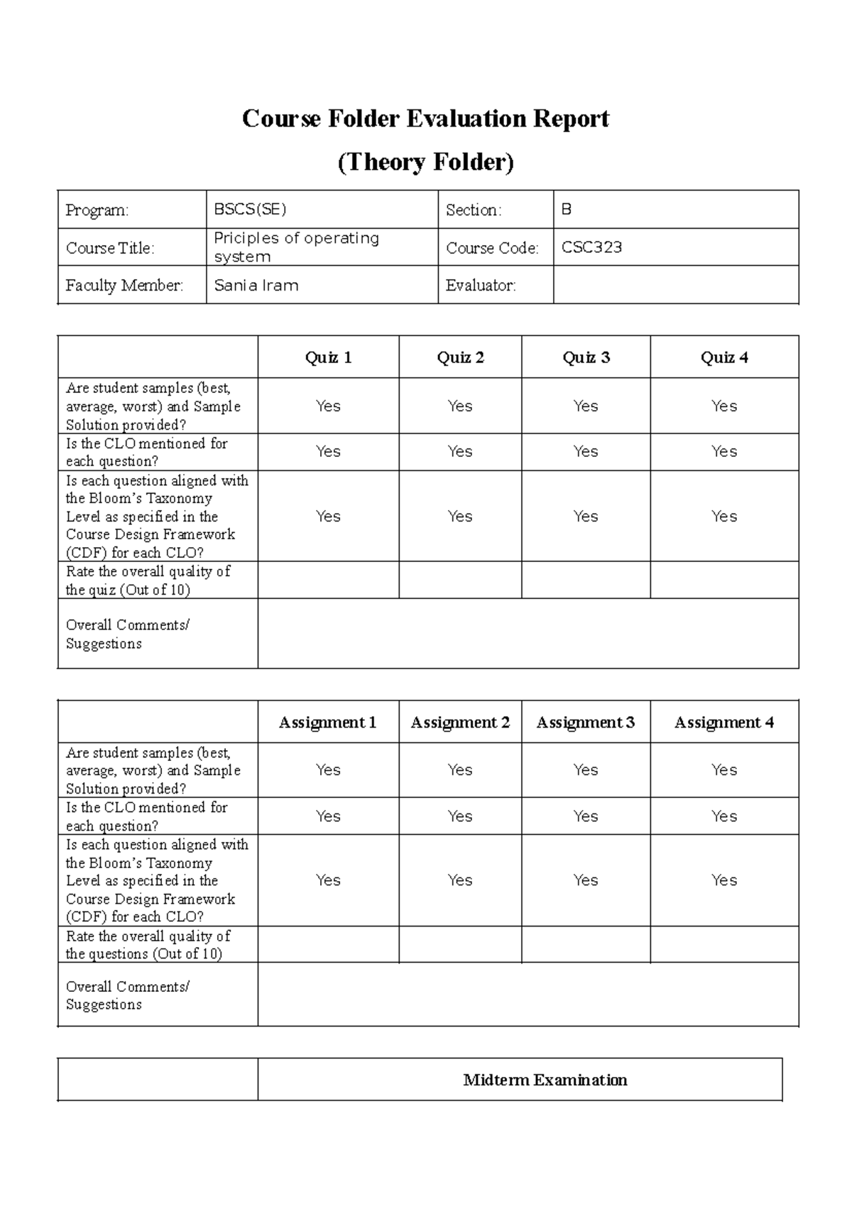 CSC323 Midterm Exam Course Folder Evaluation Report - Studocu