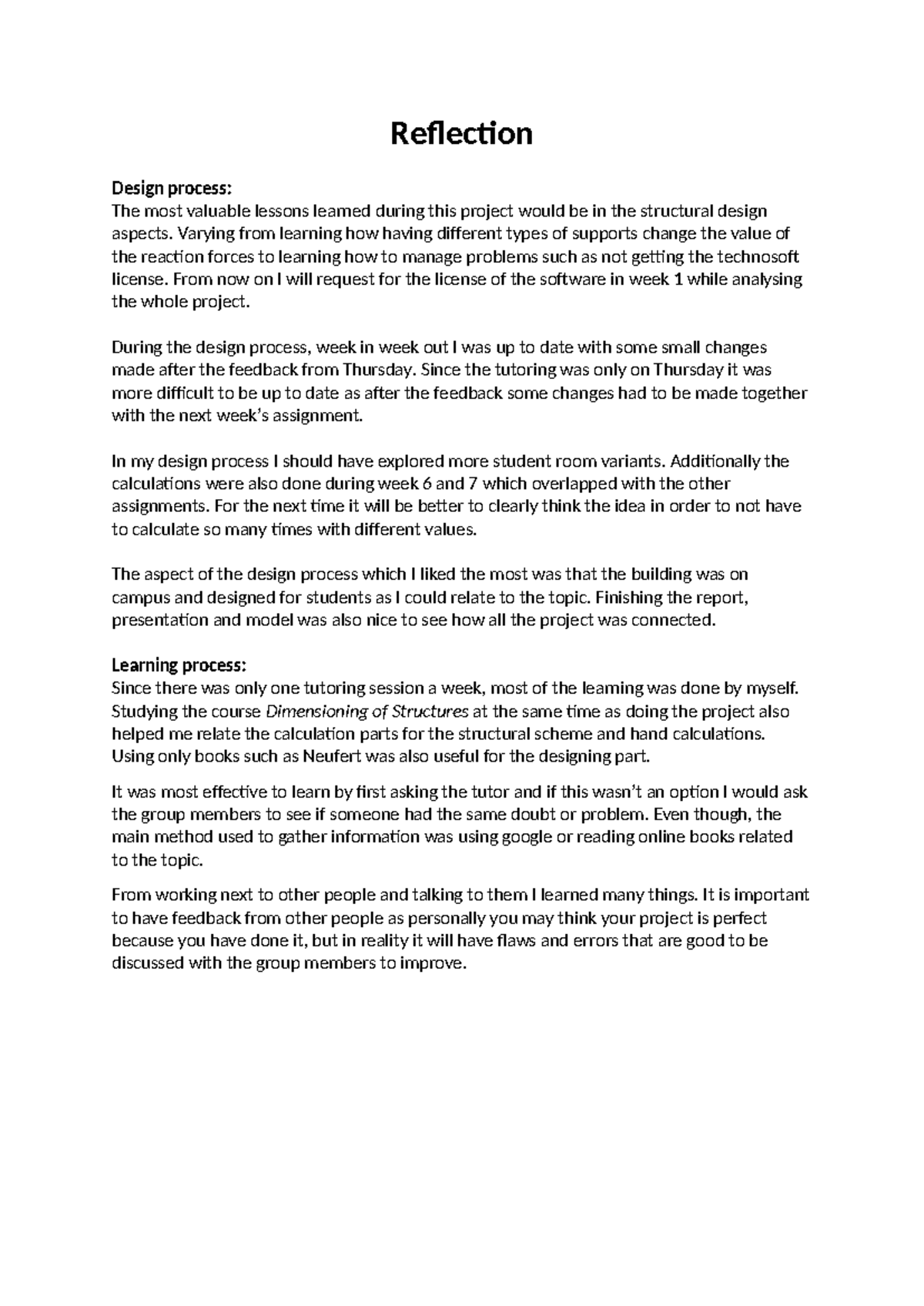 Reflection on Design Process: Key Lessons Learned in Structural Design - Studeersnel