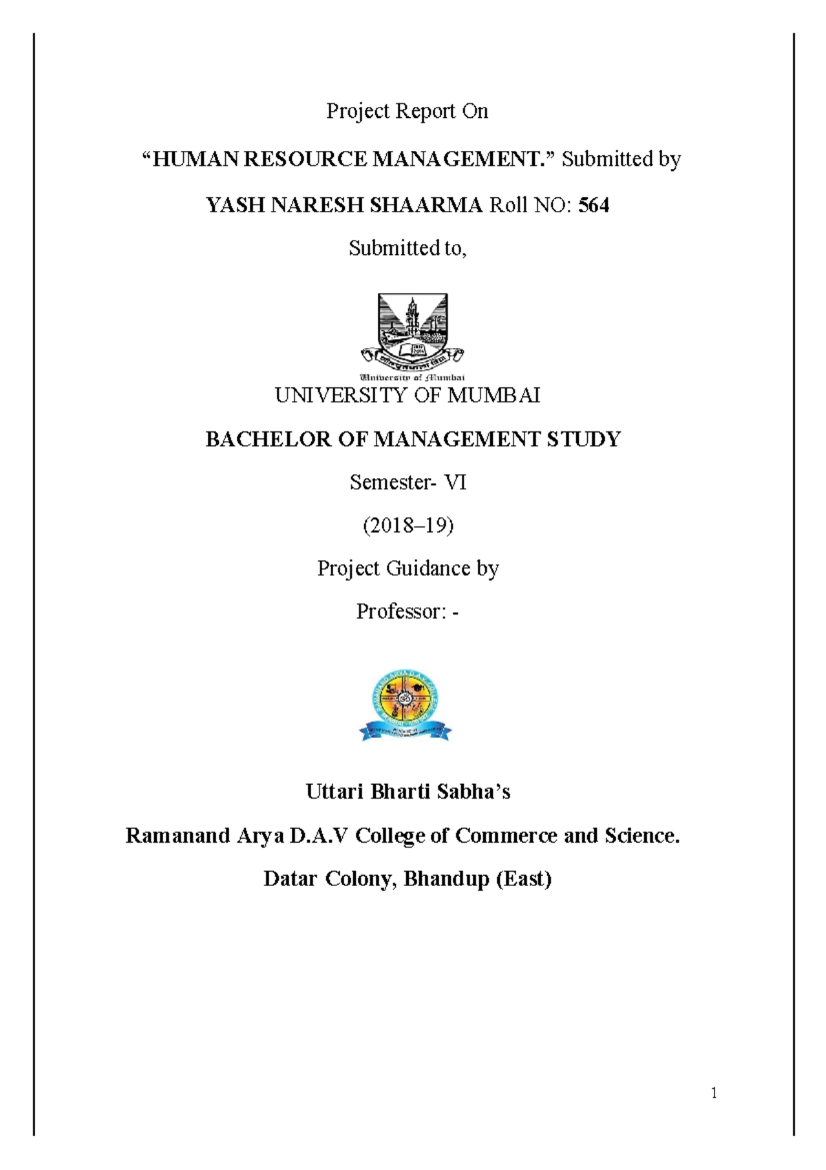 Project Report on Human Resource Management (BMS Sem-VI) by Yash Sharma ...