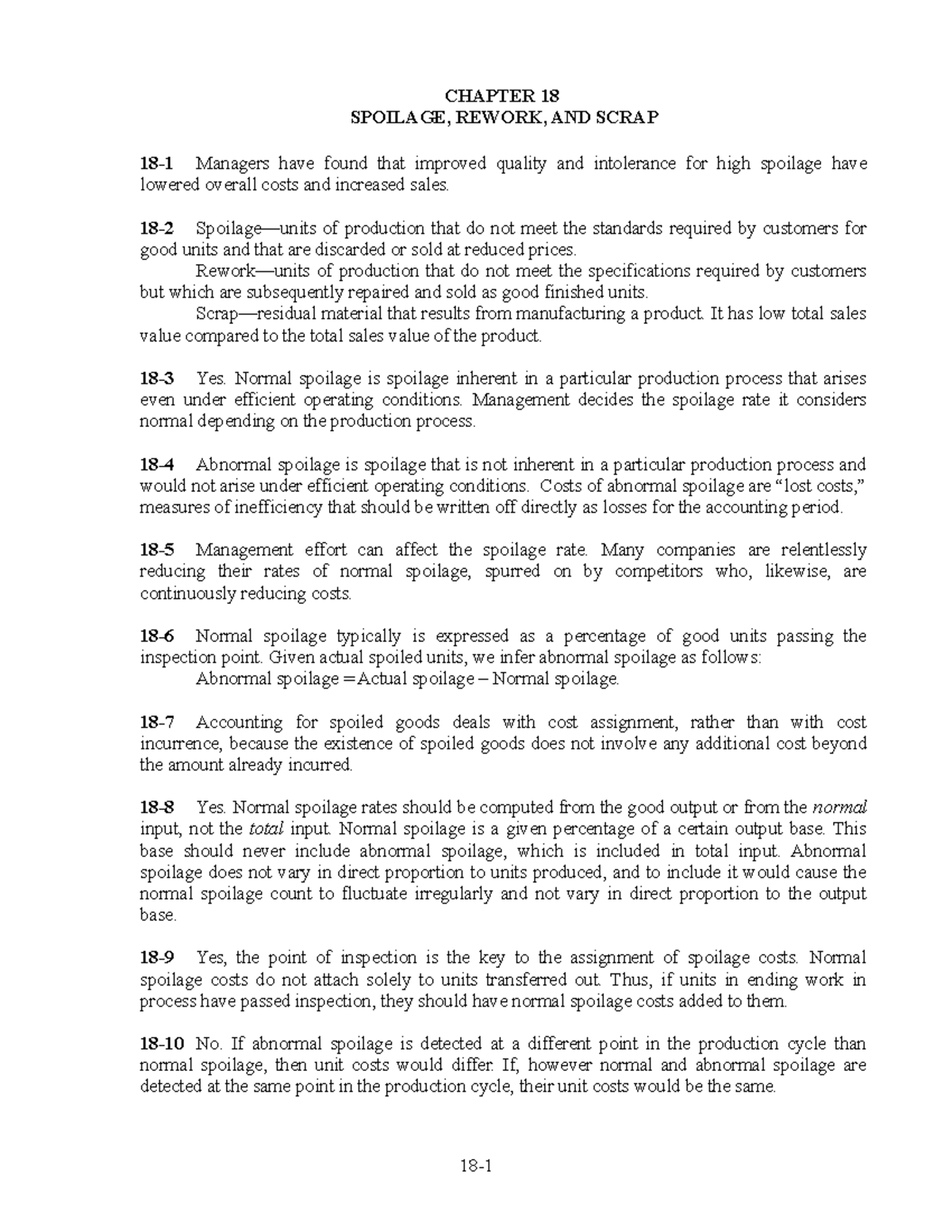 Cost Accounting Ch18: Analysis of Spoilage, Rework, and Scrap - Studocu
