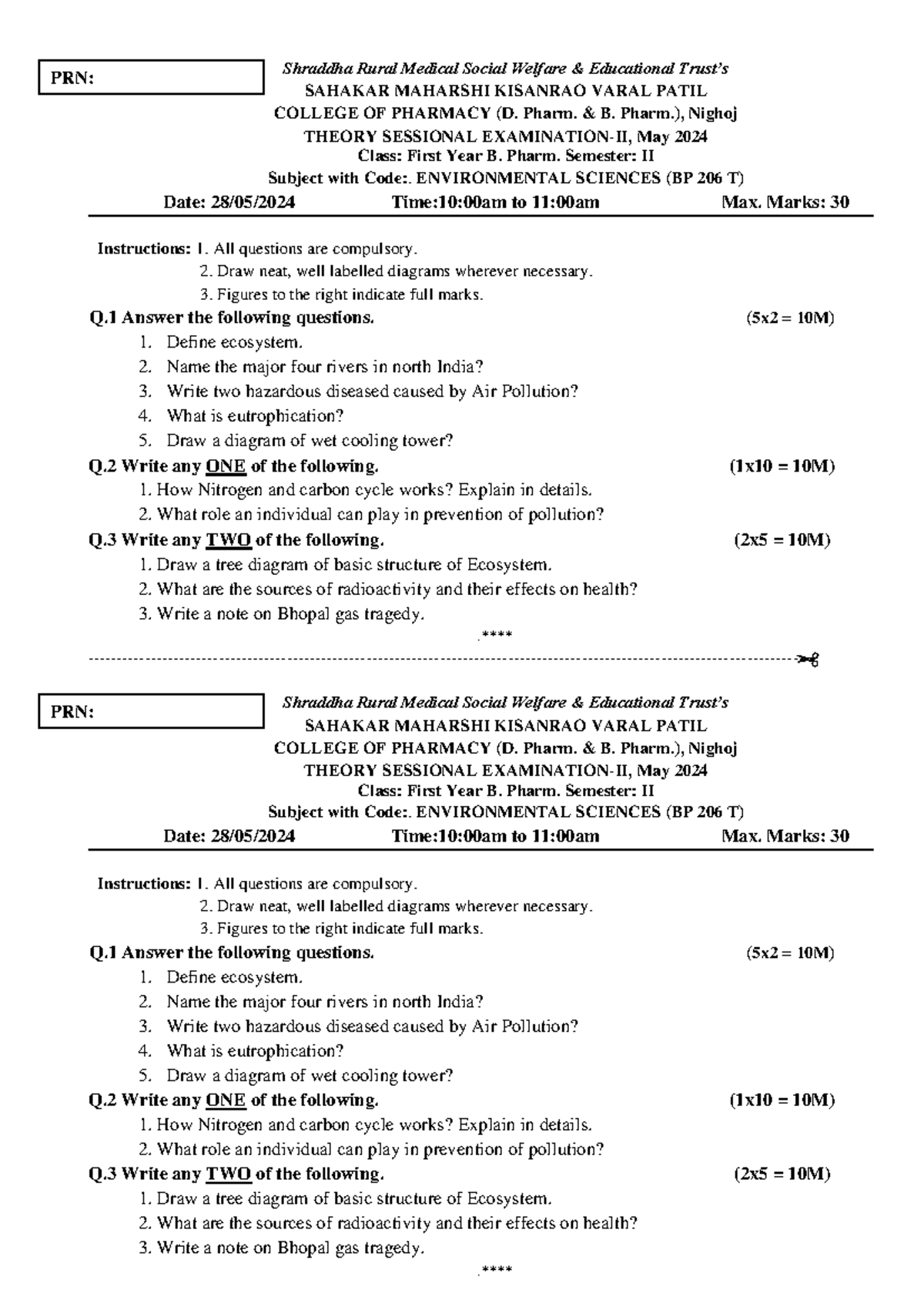 BP 206 T: Environmental Sciences - 2nd Sessional Question Paper - Studocu