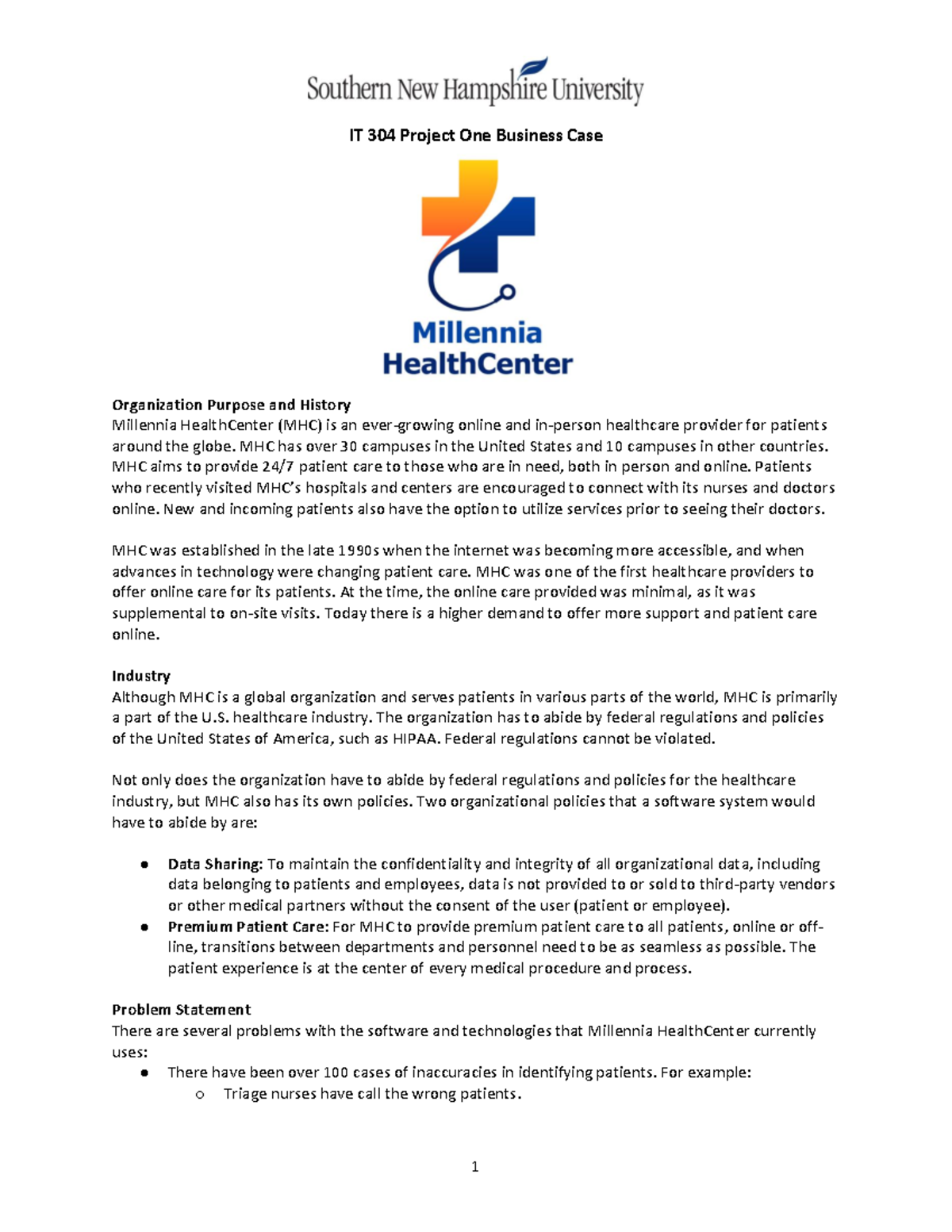 IT 304 Project 1: Business Case for Millennia HealthCenter Software ...