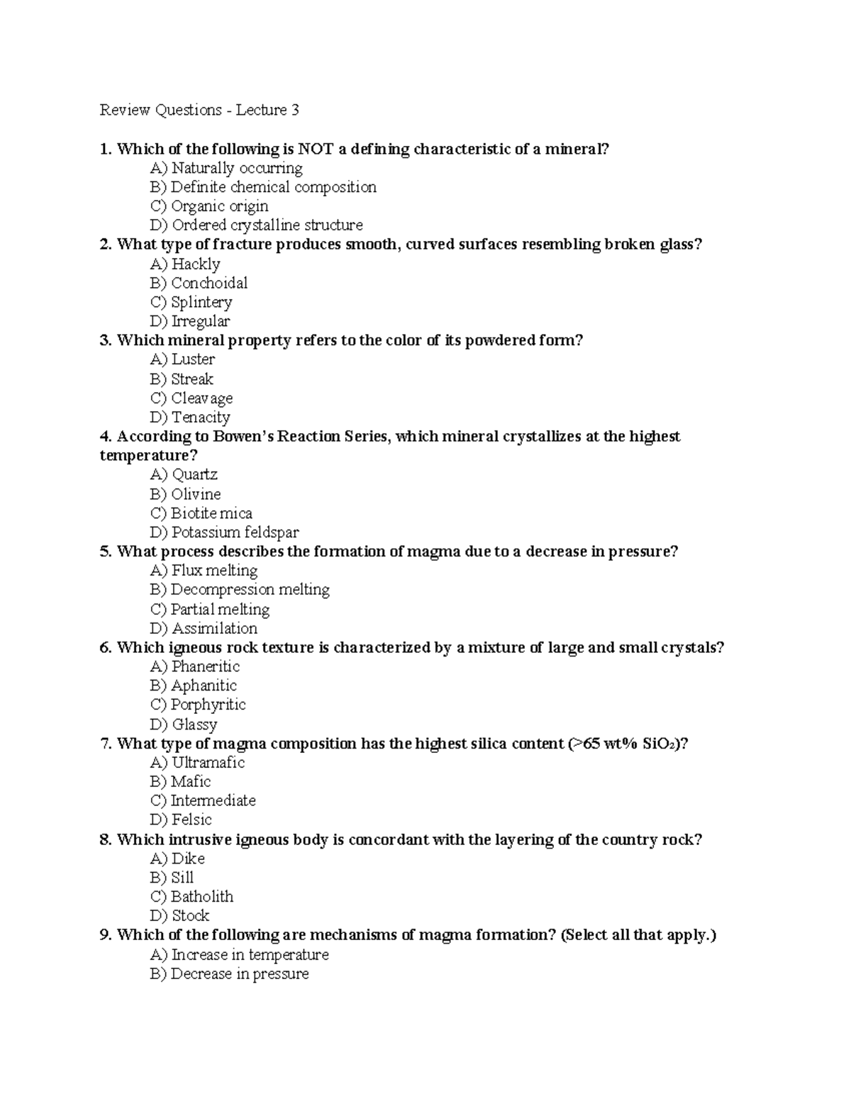 Lecture 3 Review Questions on Mineral Characteristics and Magma ...