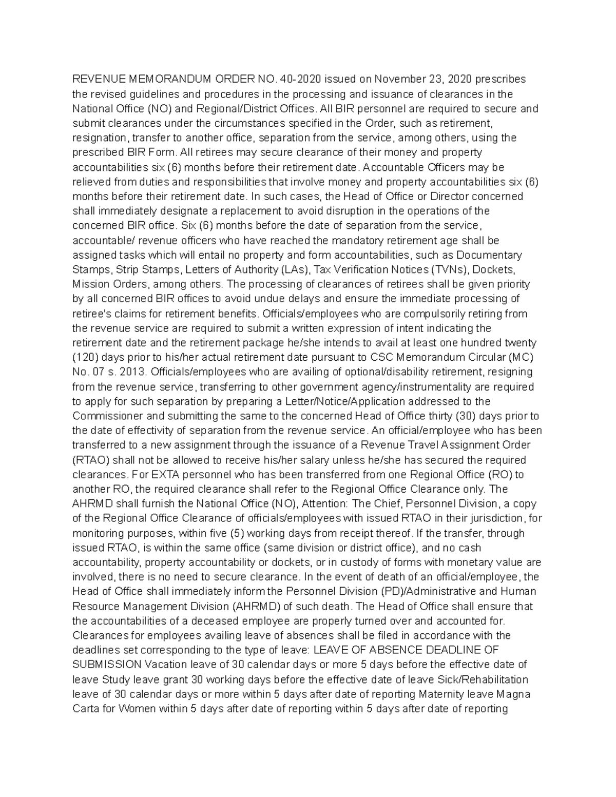 Digest of Revenue Memorandum Order No. 40-2020: Clearance Guidelines ...