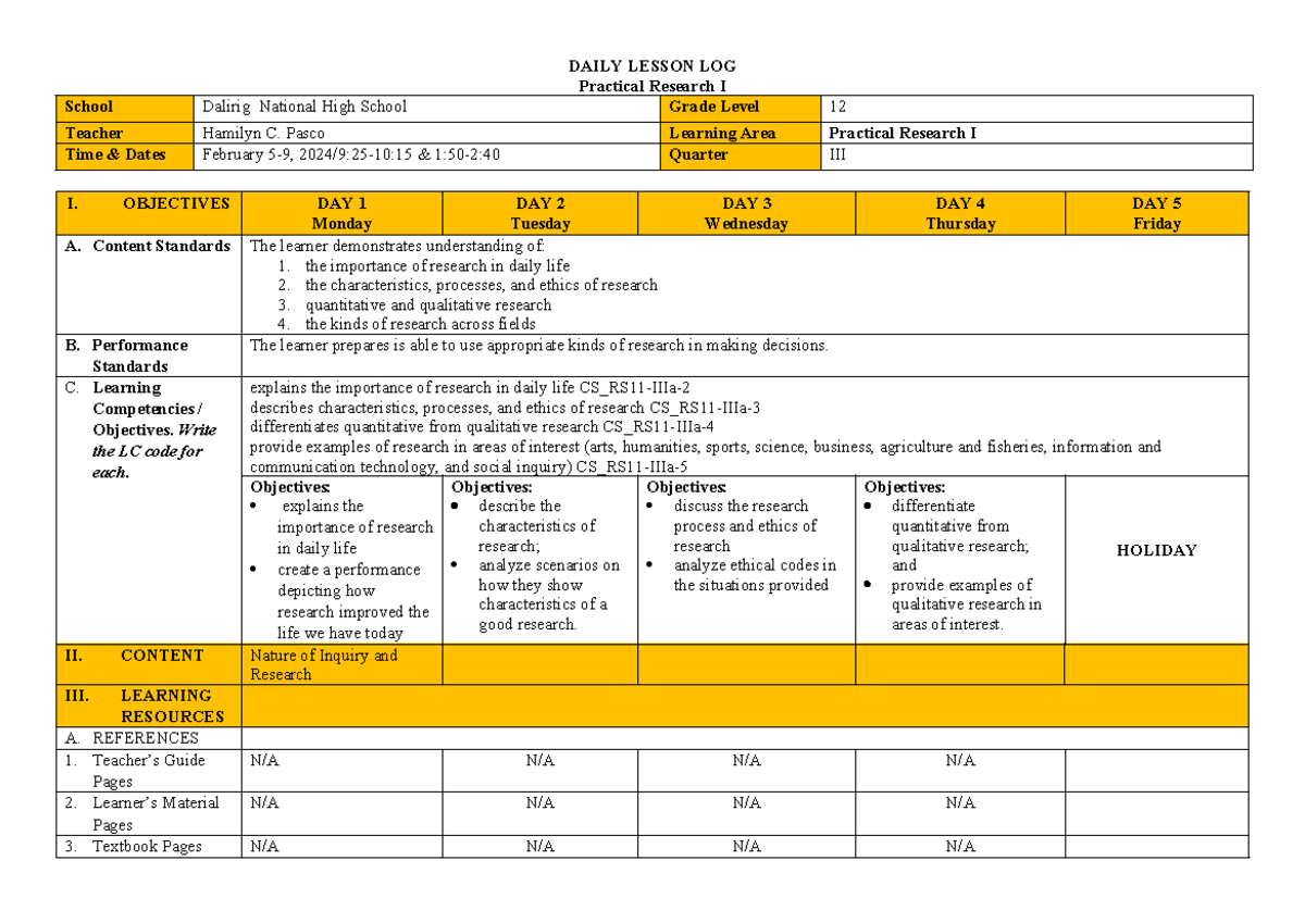 WEEK 1 - DAILY LESSON LOG for Practical Research I (Grade 12) - Studocu