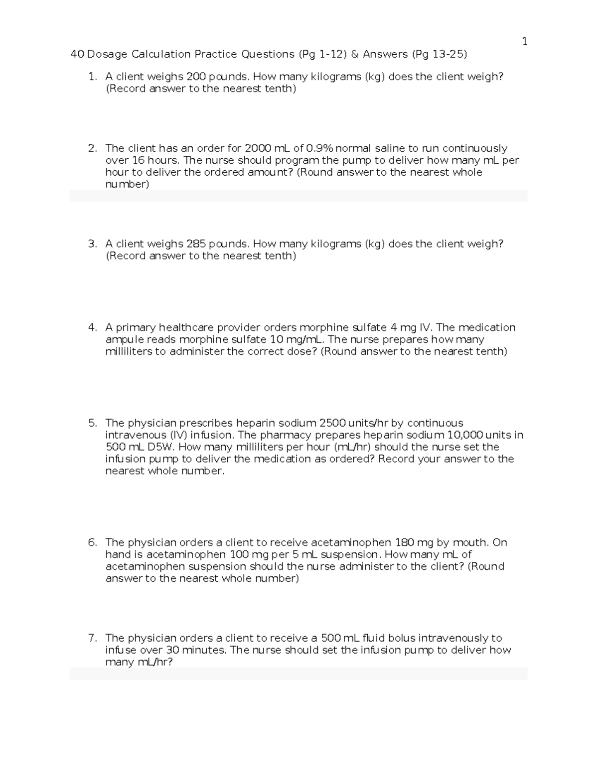 Dosage Calculation Practice Questions for Skills Course (Pg 1-12) - Studocu