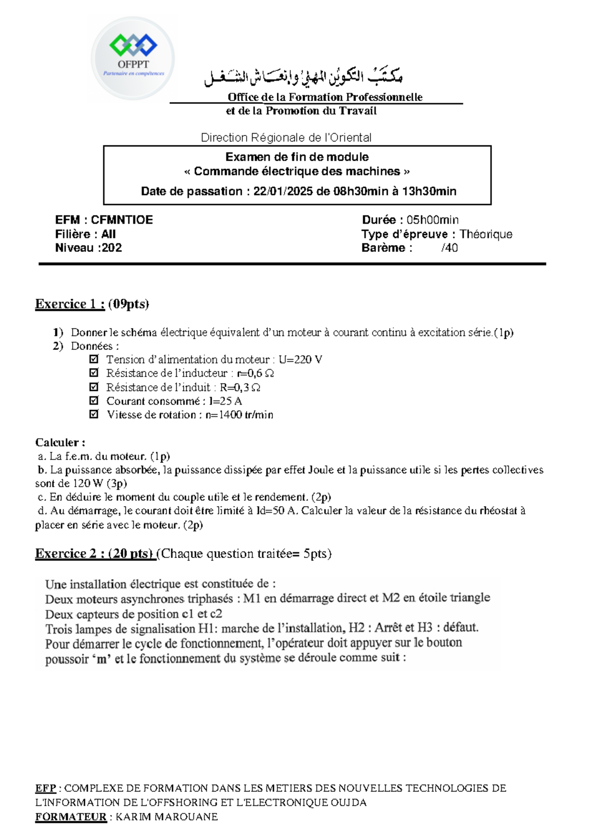 EFM AII 202 - Examen de Fin de Module sur Commande Électrique des Machines - Studocu