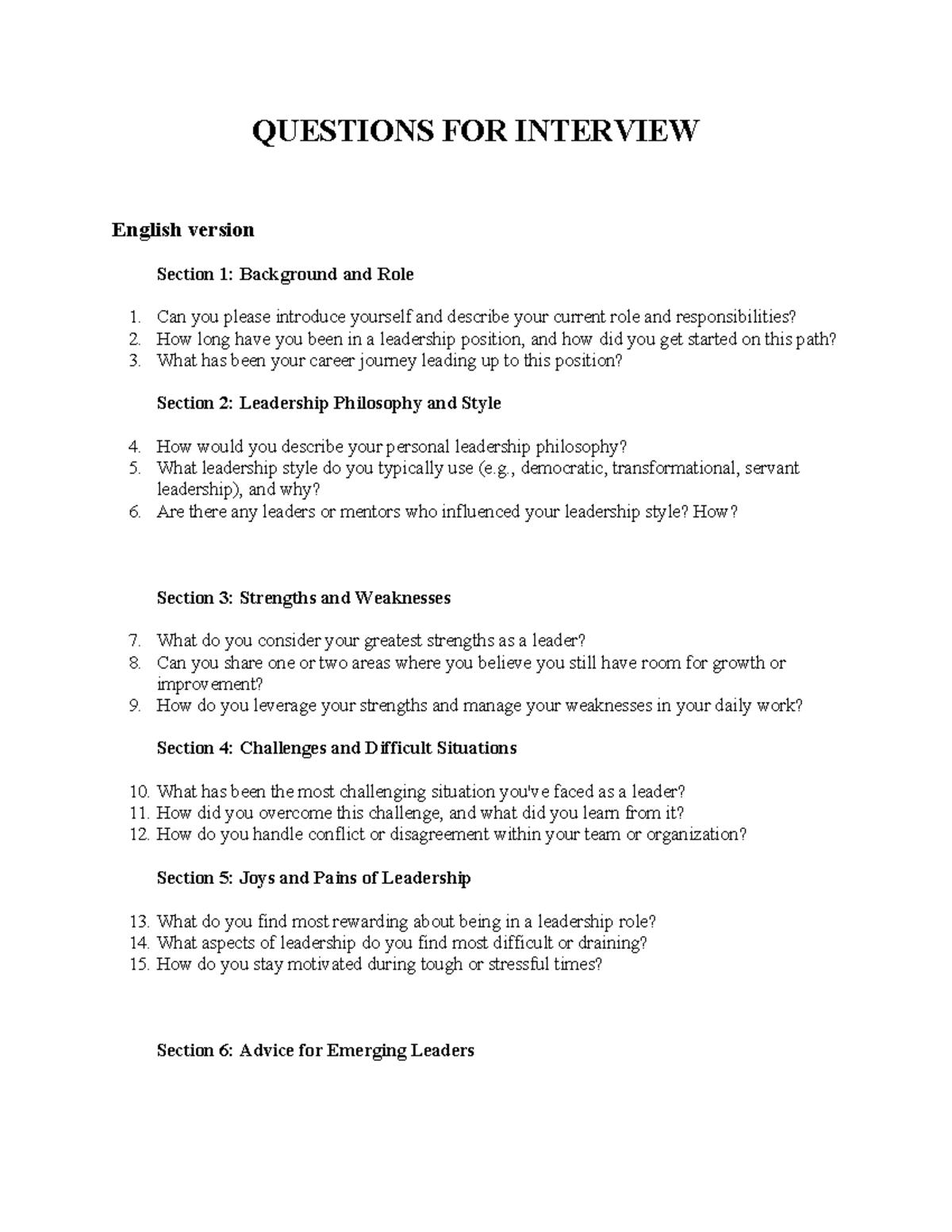 Midterm Interview Questions: Leadership Insights and Reflections - Studocu