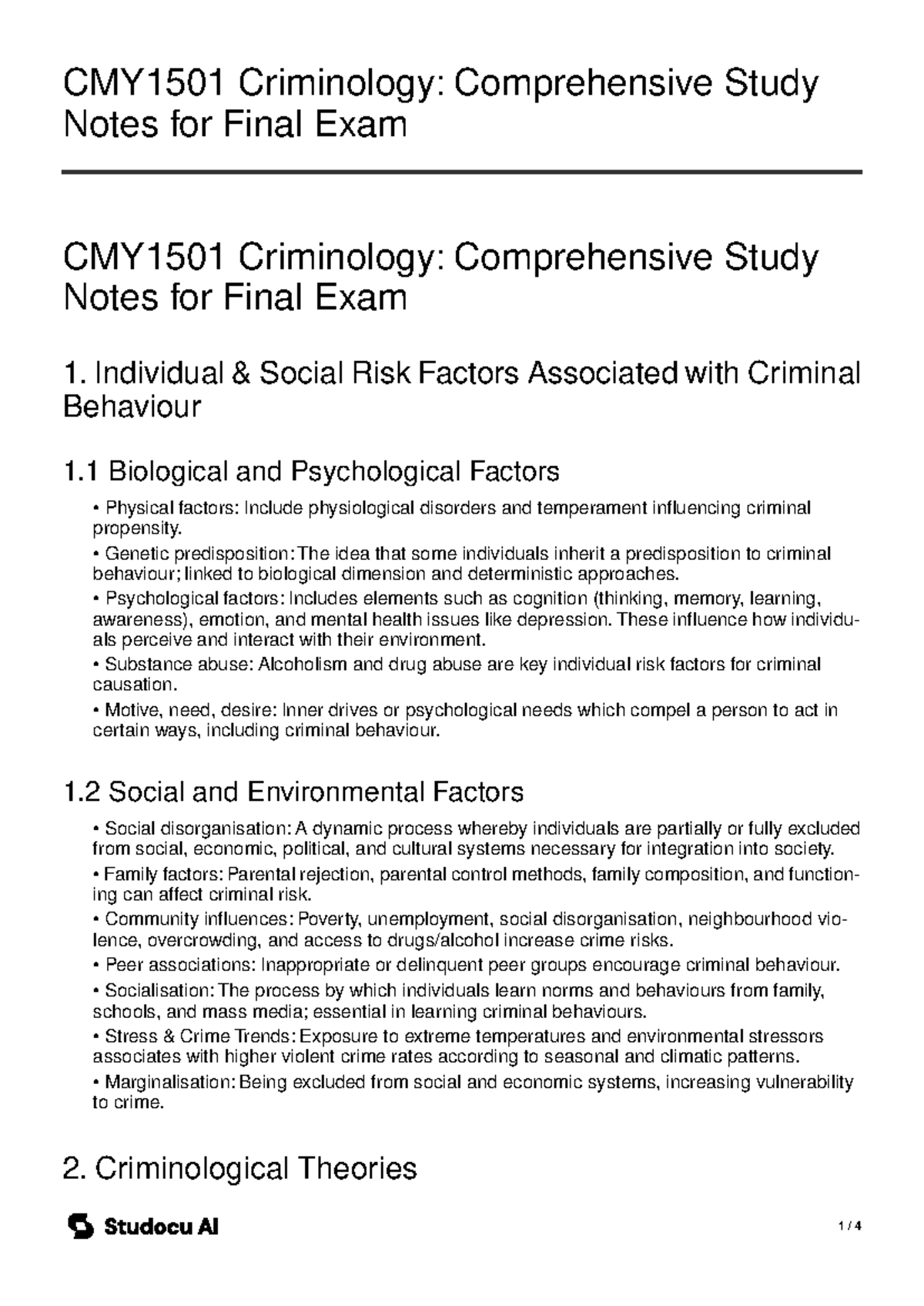 CMY1501 Criminology: Final Exam Study Notes - Studocu