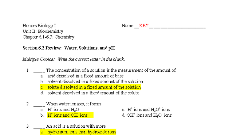 Honors Biology Unit II: Biochemistry Ch. 6.3 Review Key - Studocu