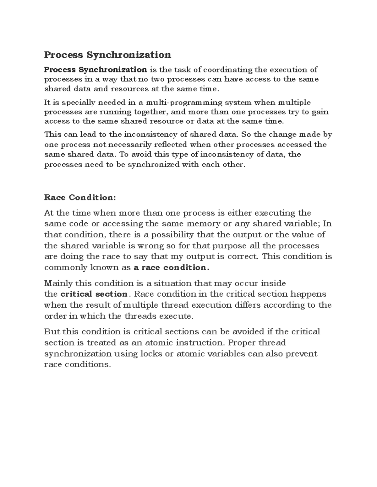 Process Synchronization: Understanding Concepts and Algorithms - Studocu