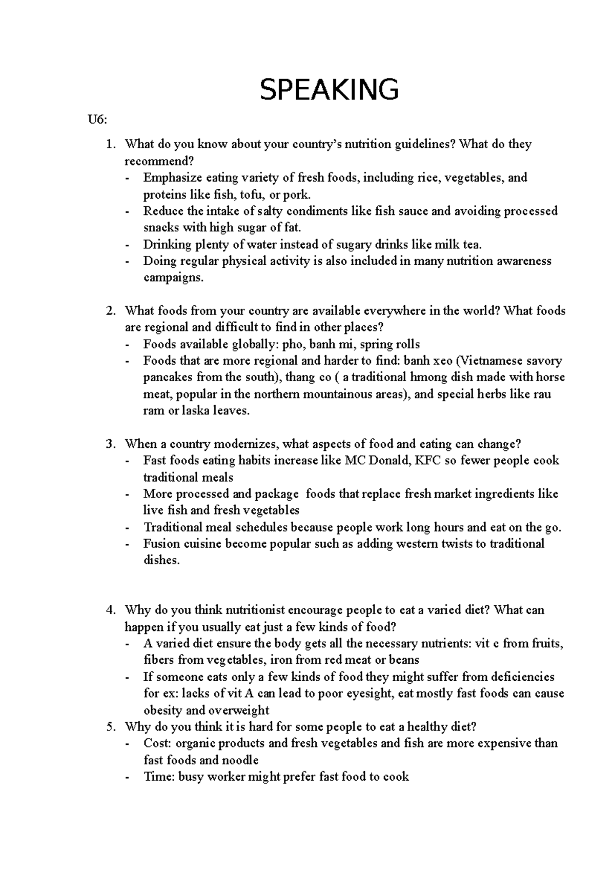 Speaking B1: Nutrition Guidelines, Global Foods, and Healthy Eating ...