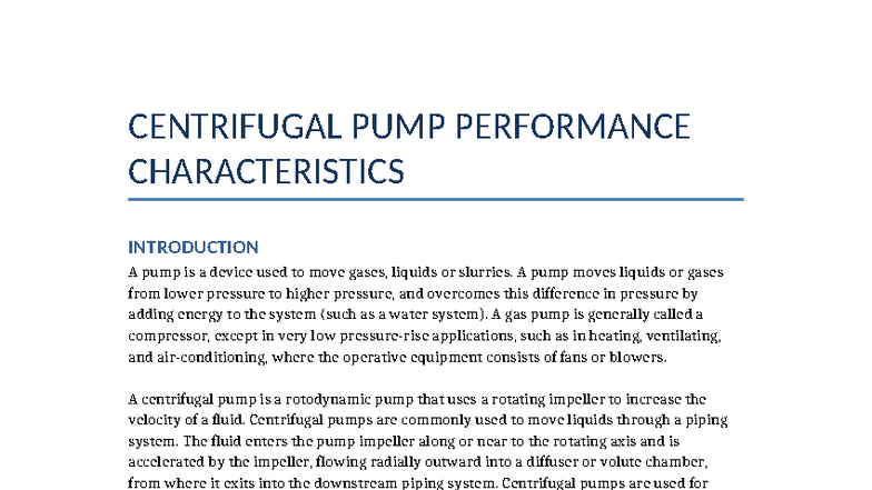 Centrifugal Pump Lab Report: Performance Characteristics Analysis - Studocu