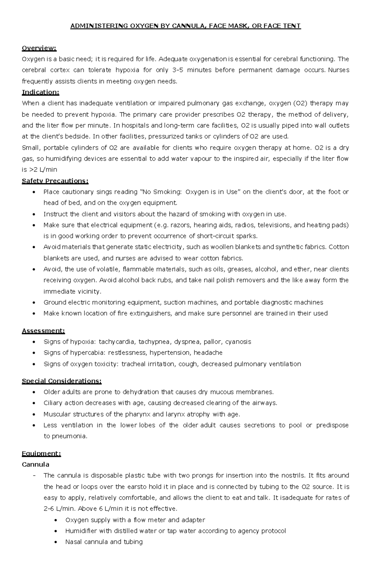 Oxygenation Checklist - ADMINISTERING OXYGEN BY CANNULA, FACE MASK, OR ...