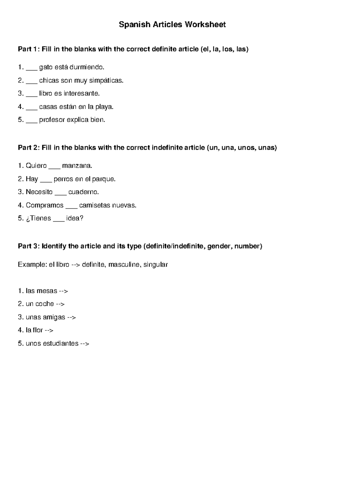 Spanish Articles Worksheet: Definite & Indefinite Articles Practice ...