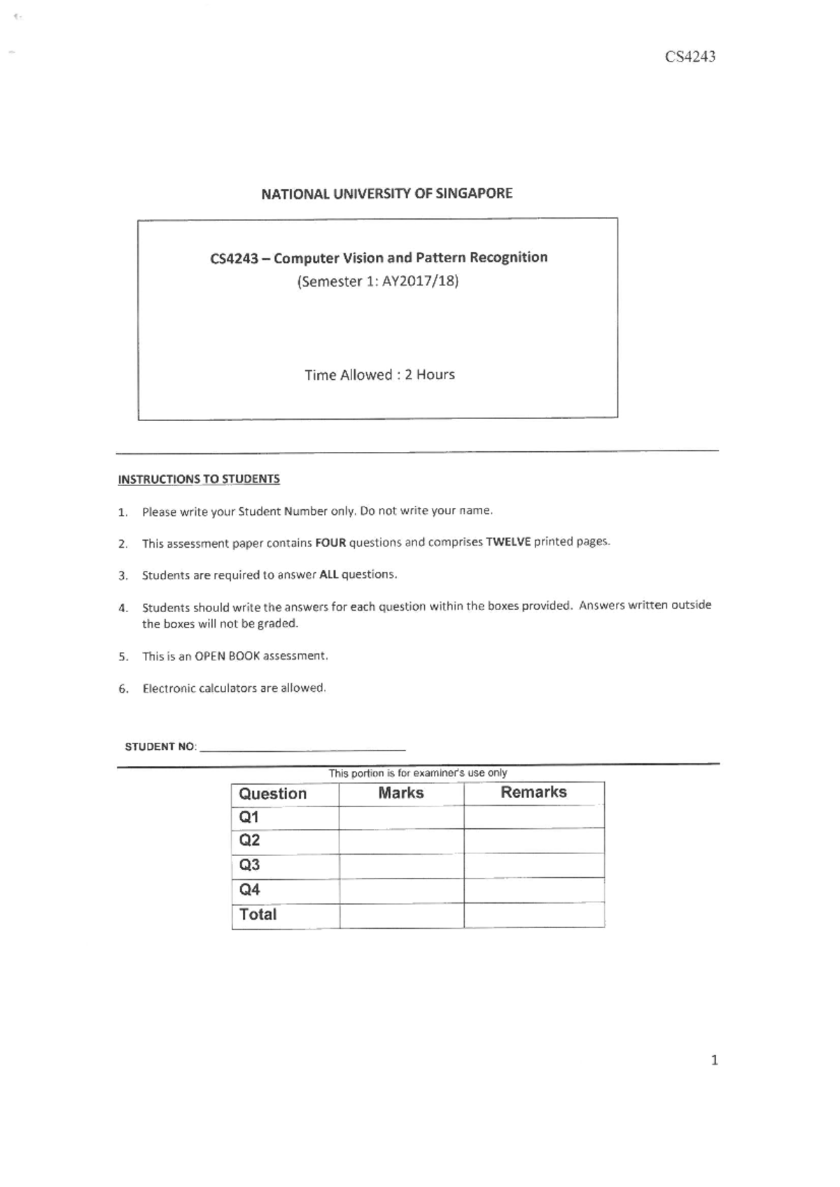 CS4243 Computer Vision & Pattern Recognition Final Exam Paper - Studocu