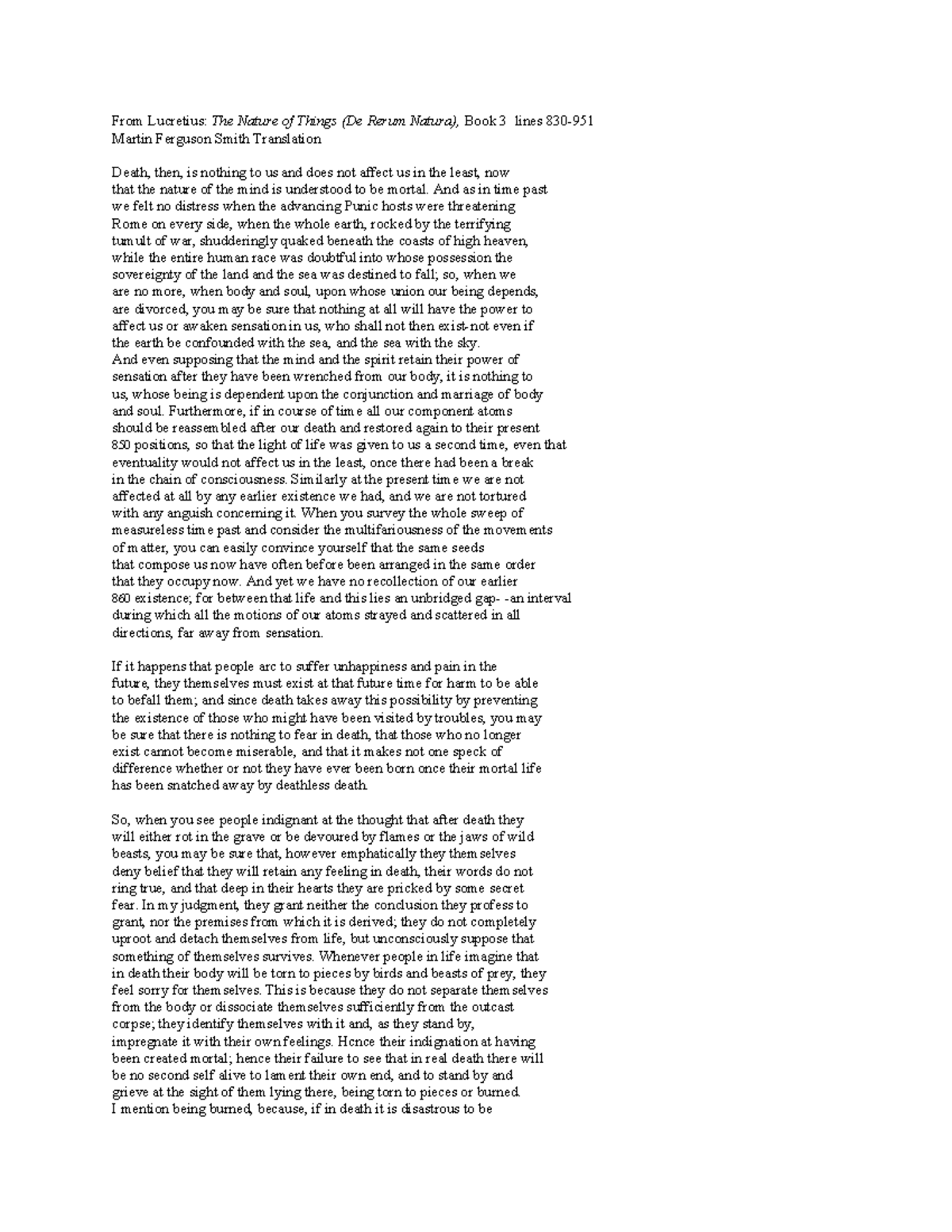 Lucretius on Death - assigned readings - From Lucretius: The Nature of ...