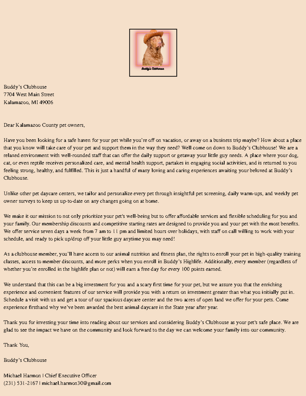 BCM 1420 Persuasive Letter: Introducing Buddy's Clubhouse for Pets ...