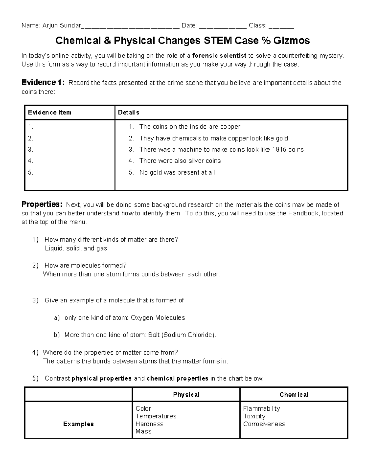 Chemical & Physical Changes STEM Case Study (GIZMOS 2024) - Studocu