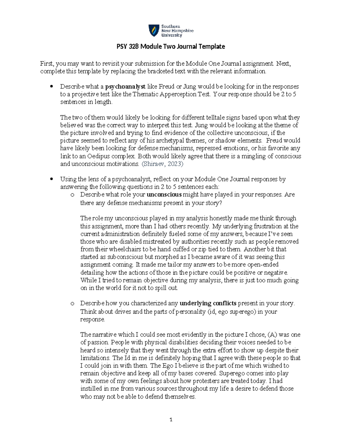 PSY 328 Module Two Journal: Psychoanalytic Reflections on Responses - Studocu