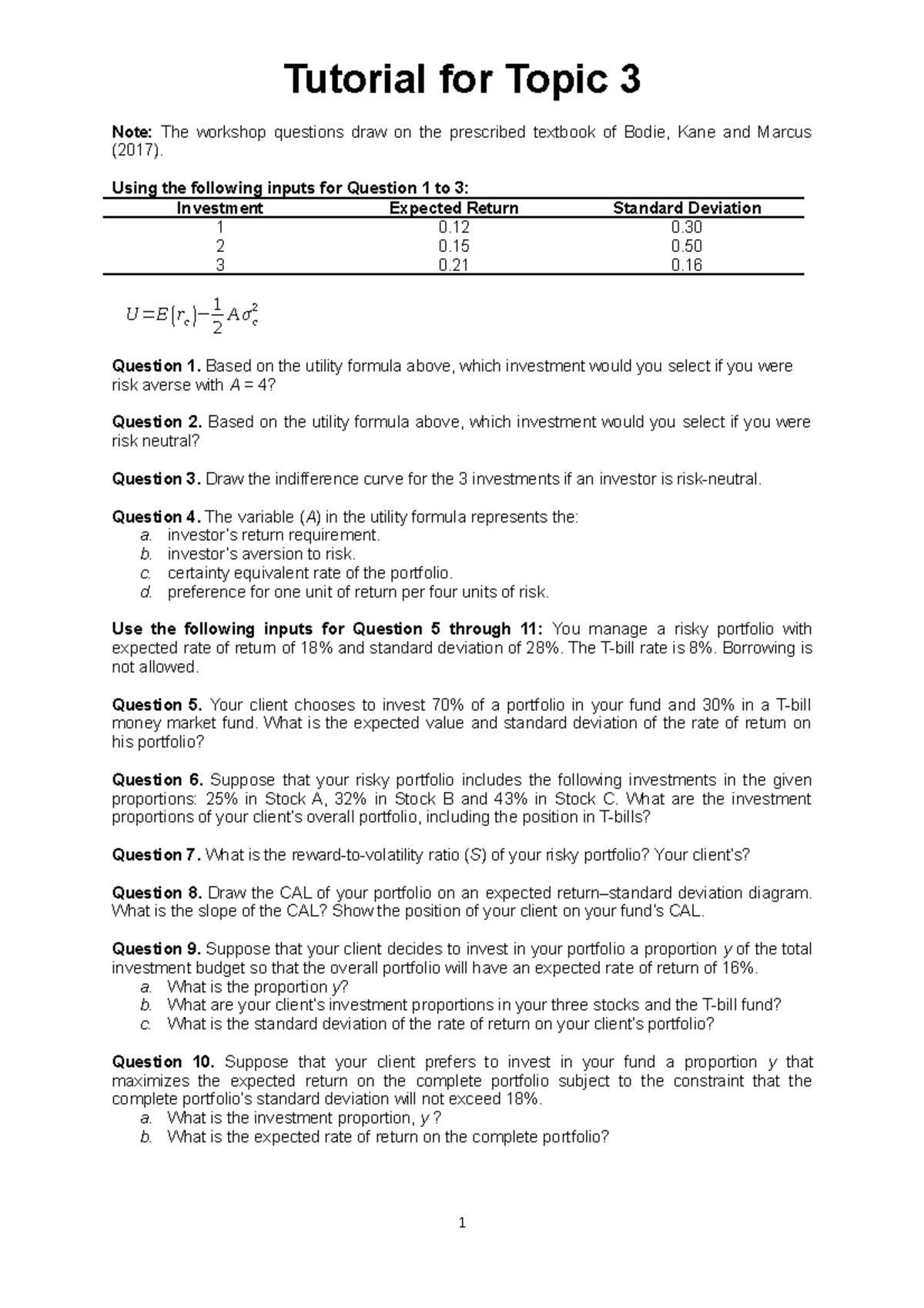Tutorial 3: Investment Utility Questions & Solutions (FIN 101) - Studocu