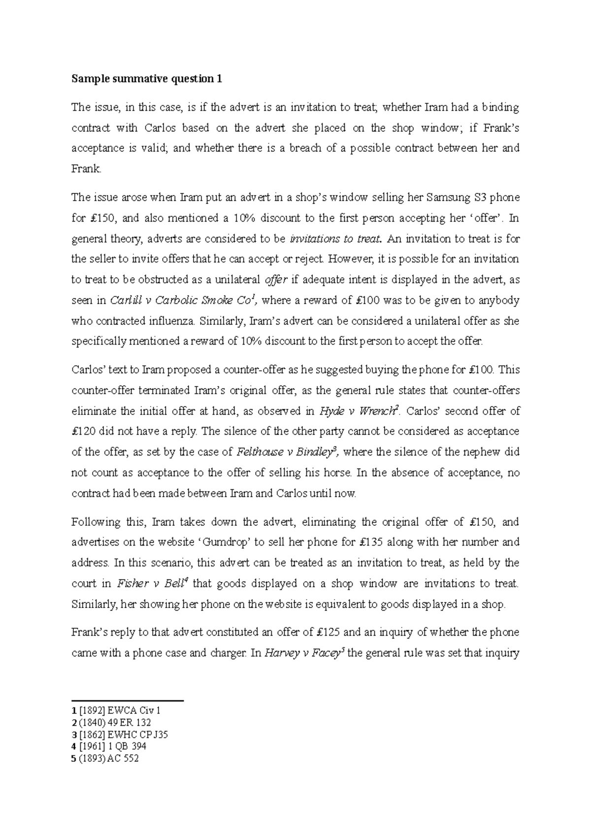 (DISTINCTION) IRAC analysis sample question on Offer and Acceptance ...