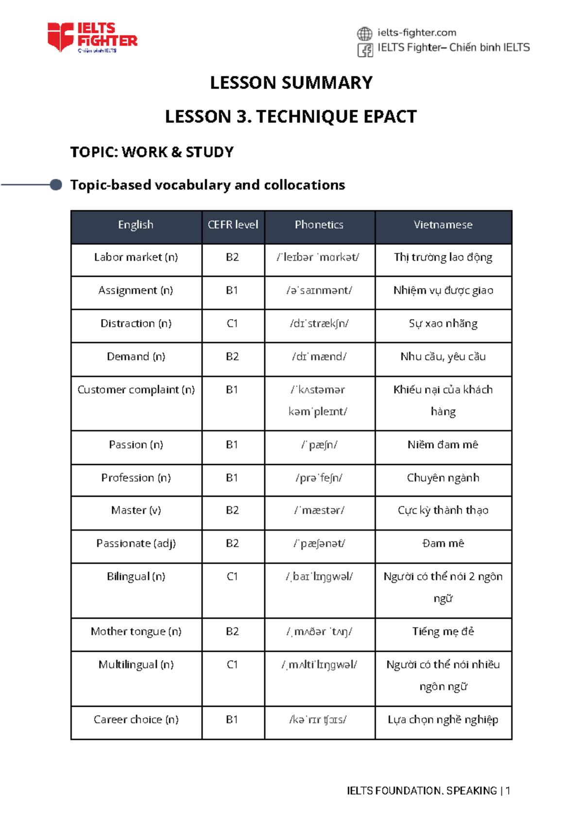 IELTS FOUNDATION: Lesson 3 Summary on Work & Study Techniques - Studocu