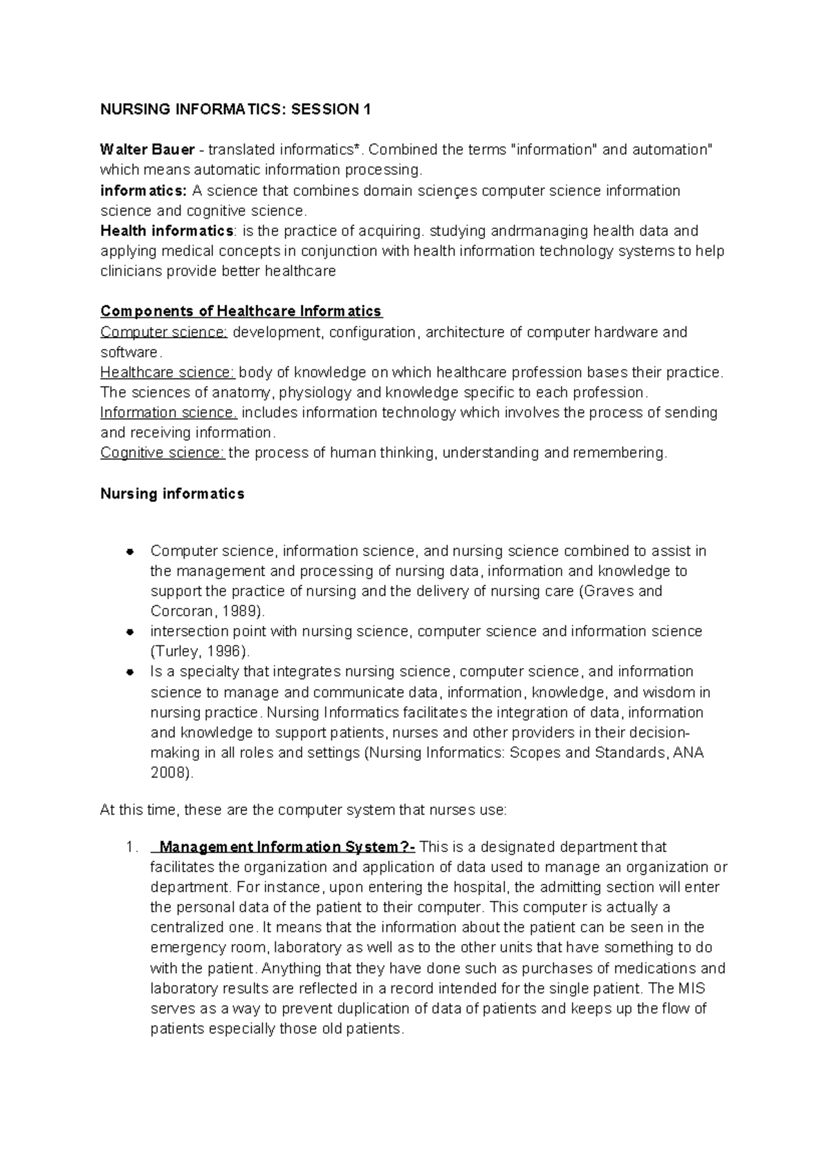 Nursing Informatics Session 1: Fundamentals and Core Competencies - Studocu