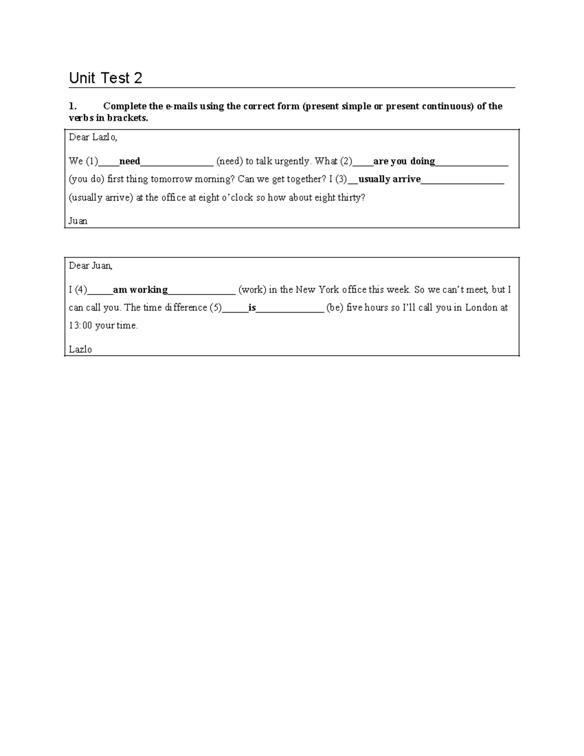 Unit Test 2: Present Simple vs. Present Continuous Exercises - Studocu