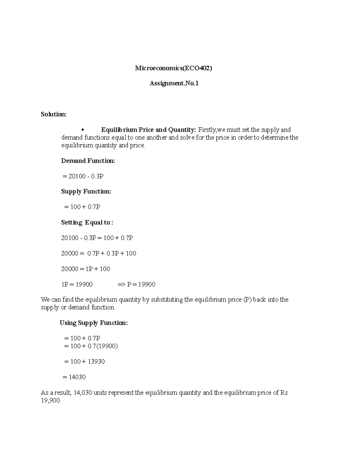 ECO402 Microeconomics Assignment: Equilibrium & Price Elasticity ...