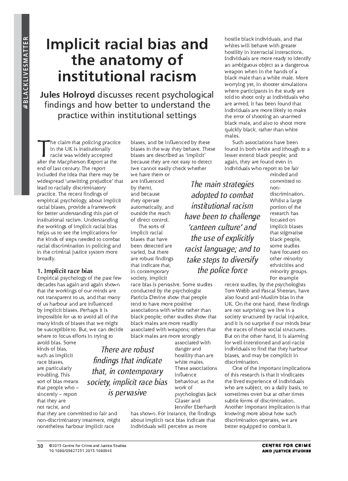 Implicit Racial Bias and Policing Reform: Strategies for Change (CJM ...