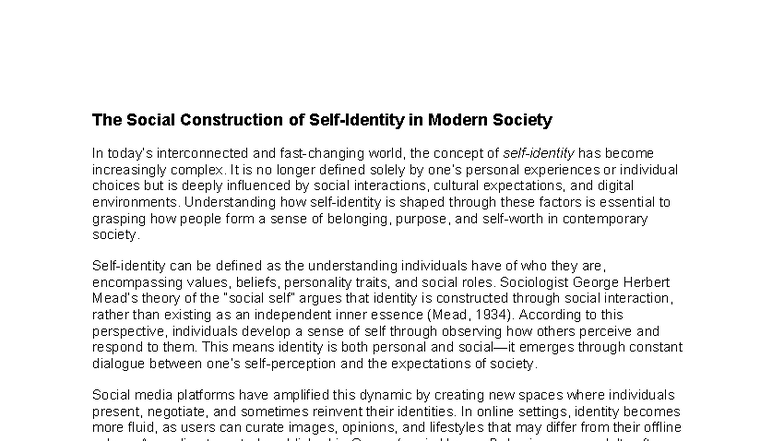 The Social Construction of Self-Identity in Modern Society (SOC 101 ...