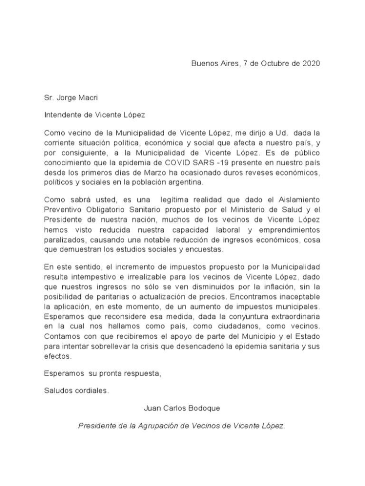 Carta a Jorge Macri sobre la Situación en Vicente López - A Carta 2 ...