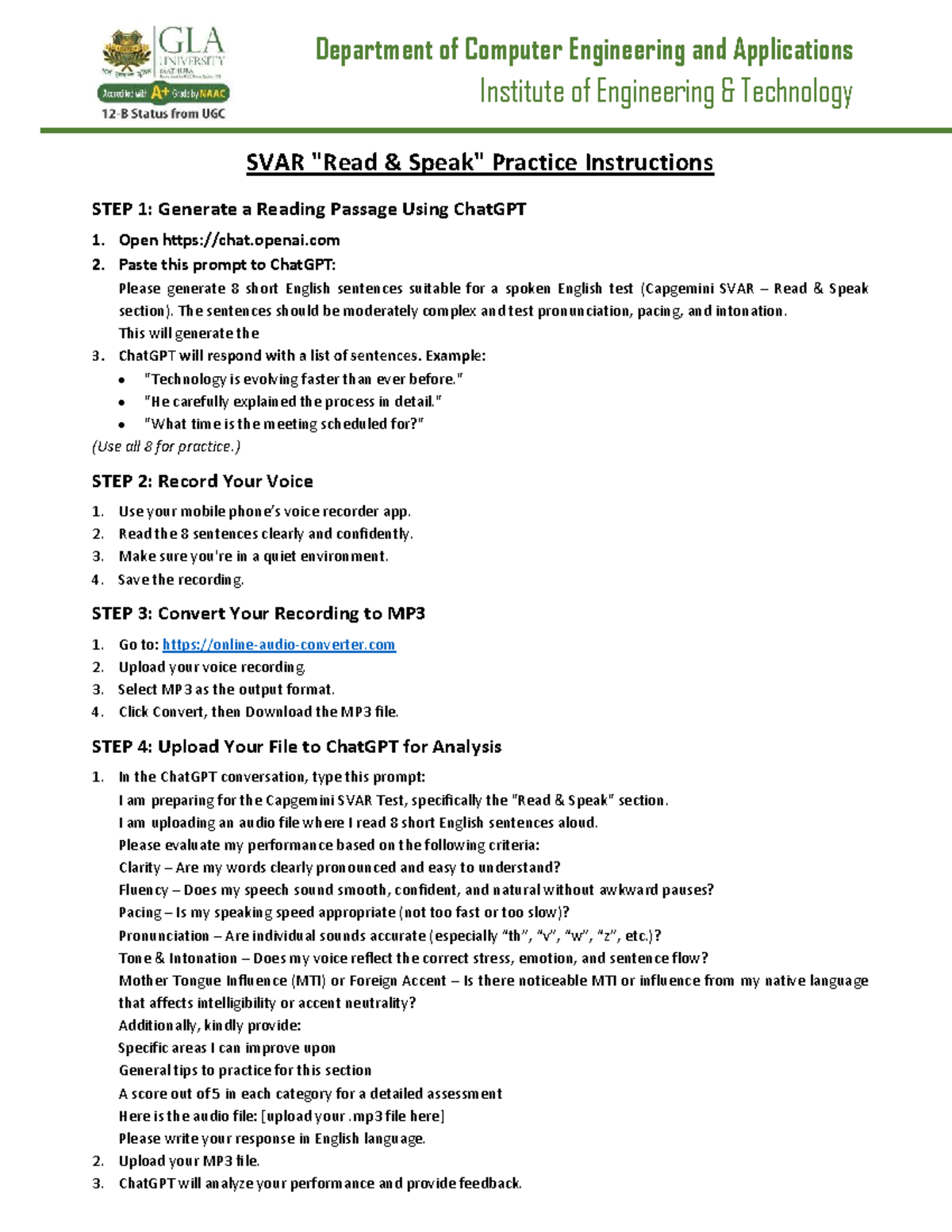 SVAR Read & Speak Practice Instructions for Capgemini Test - Studocu