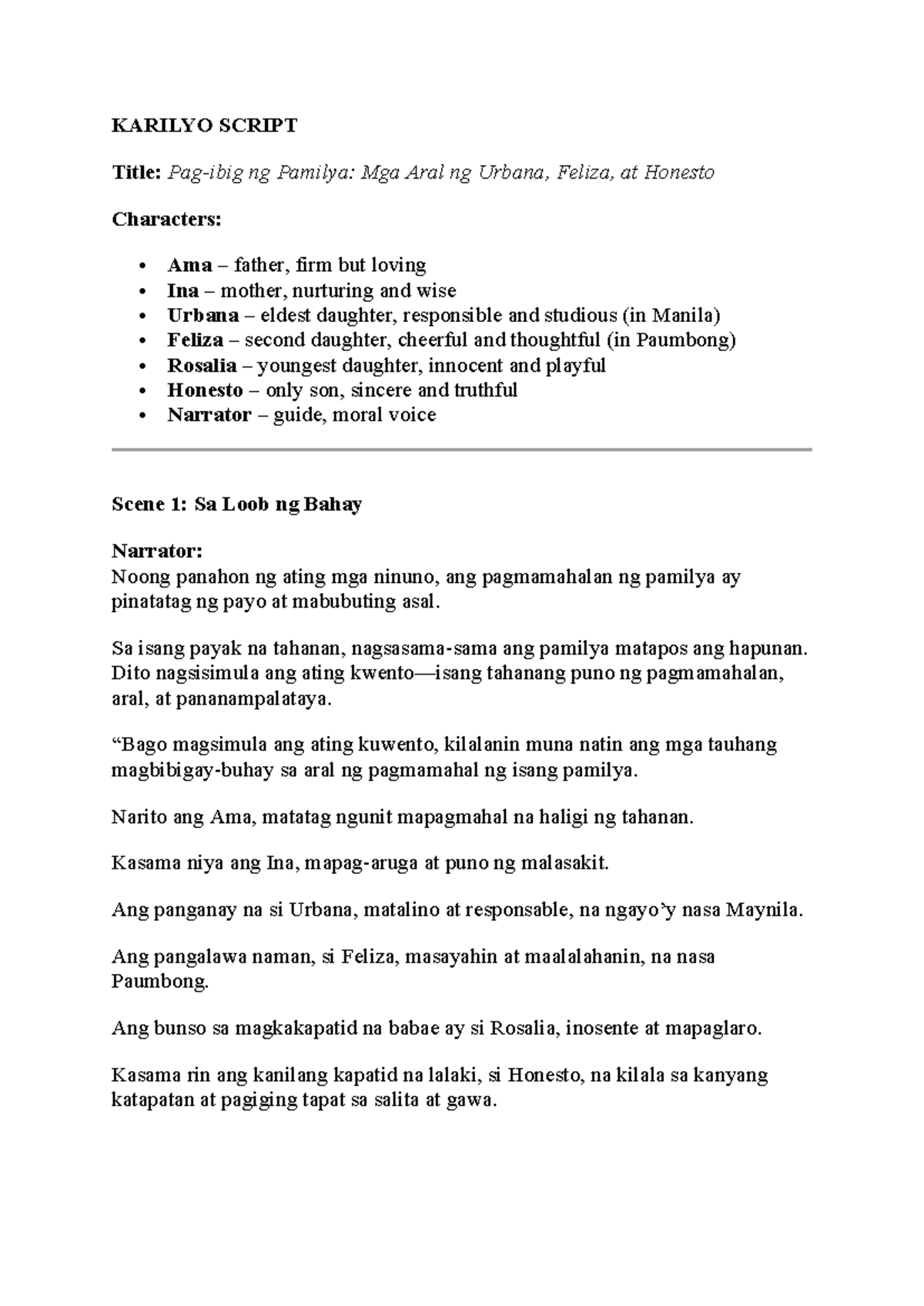 KARILYO SCRIPT: Aral ng Pamilya sa Loob ng Tahanan - Studocu