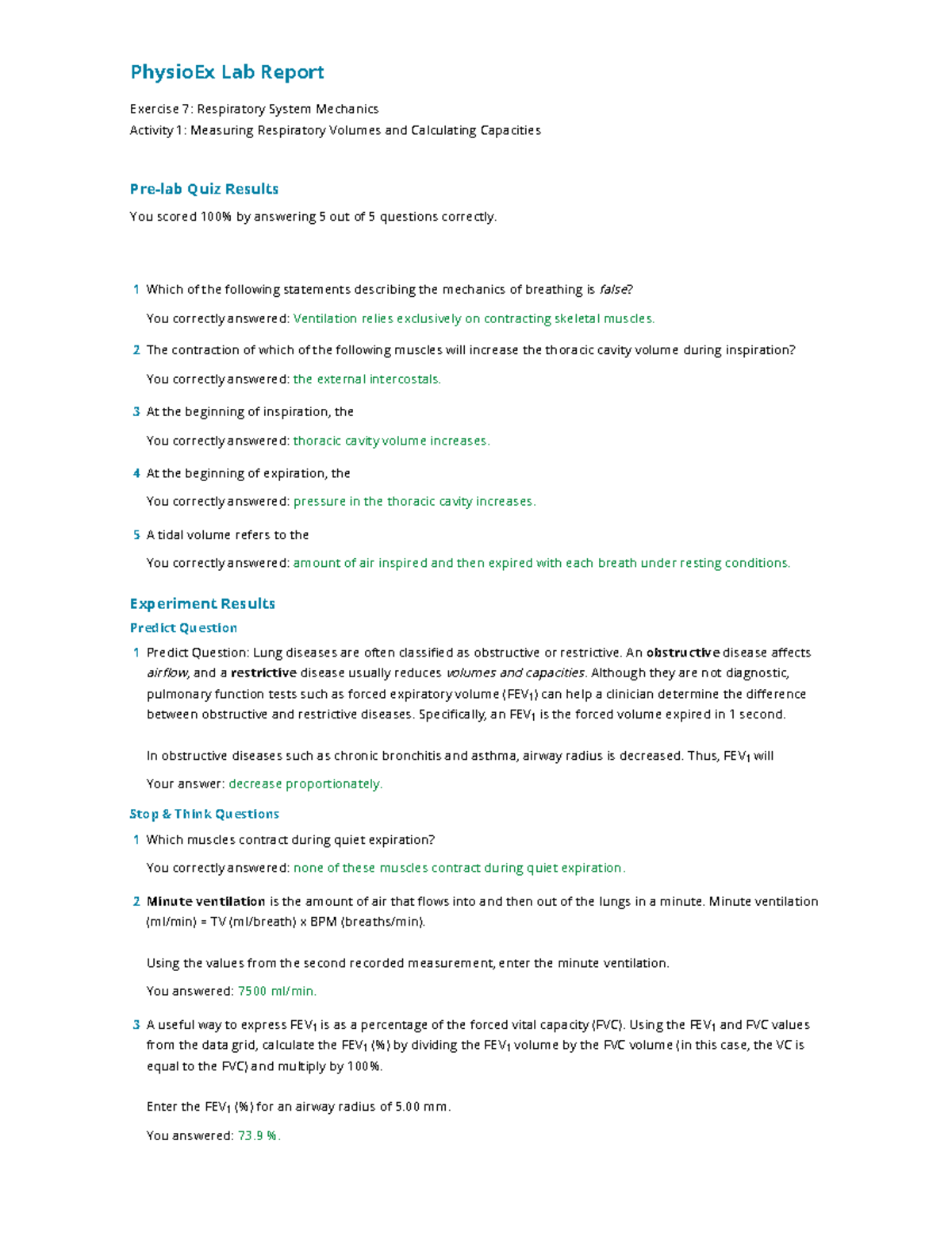 PhysioEx Lab Report: Exercise 7.1 on Respiratory Mechanics - Studocu