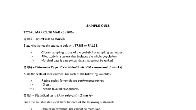 Sample Quiz STA104 Set 2: Total Marks 20 - Studocu