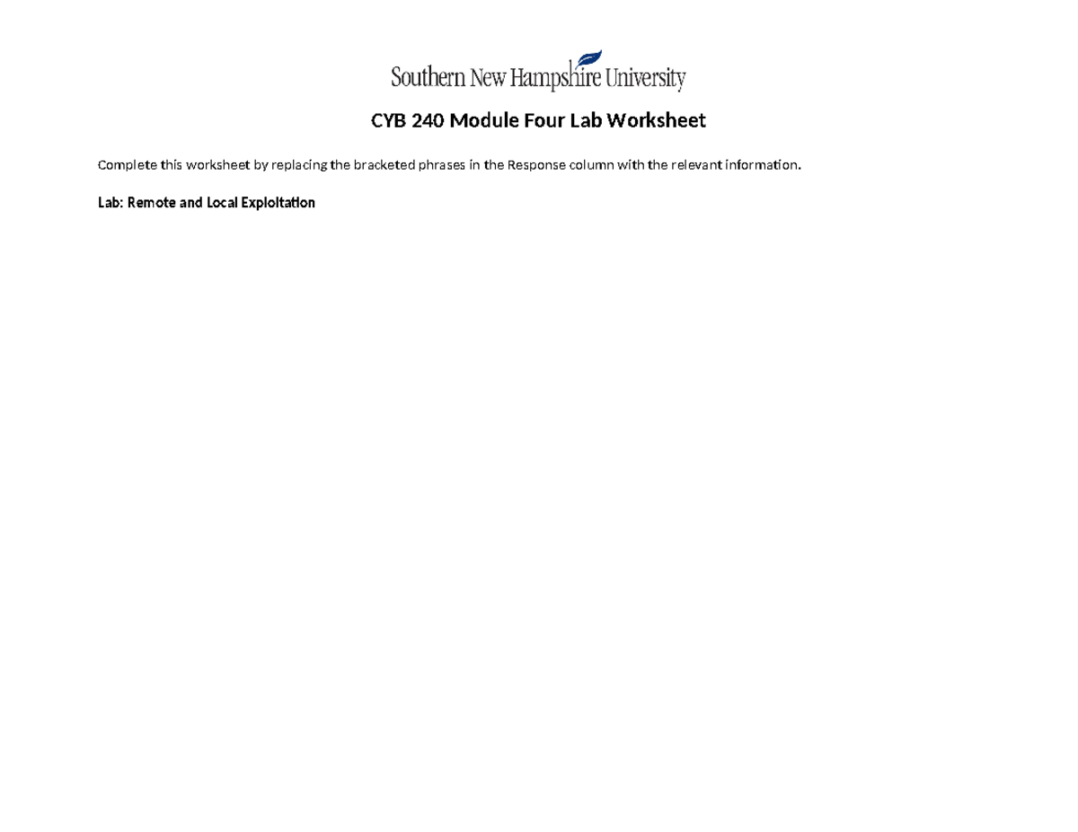 CYB 240 Module Four Lab Worksheet: Privilege Escalation & Vulnerability ...