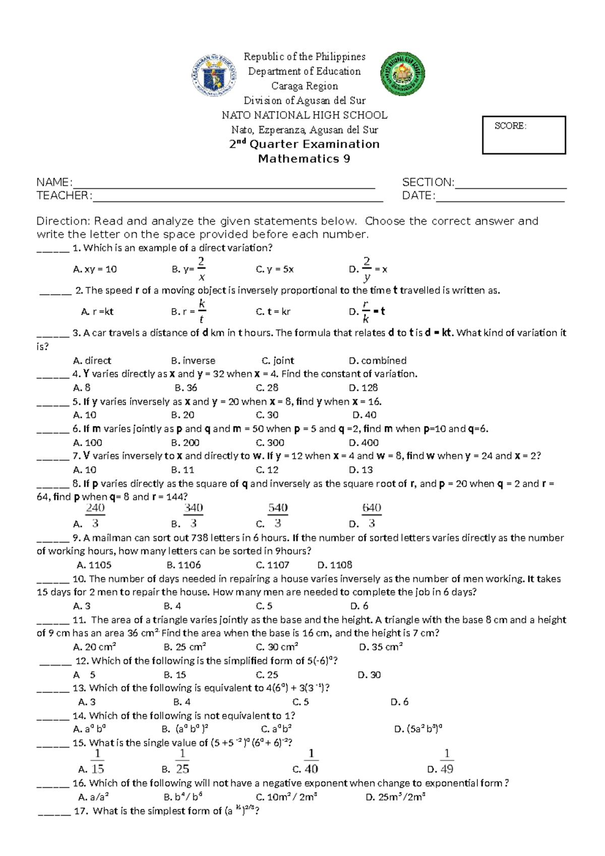Mathematics 9 2nd Quarter Periodical Test - Studocu