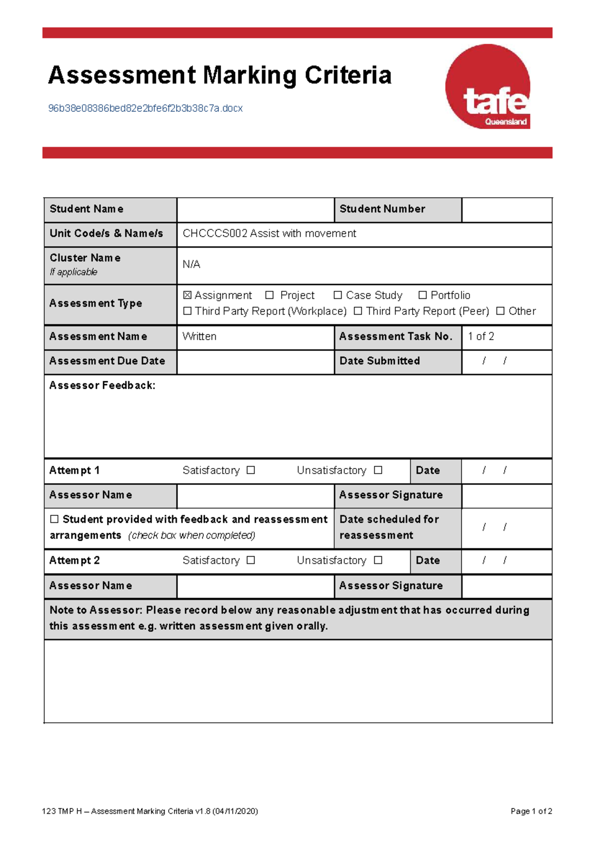 CHCCCS 002 AT1 Marking Criteria for Assignment - Studocu