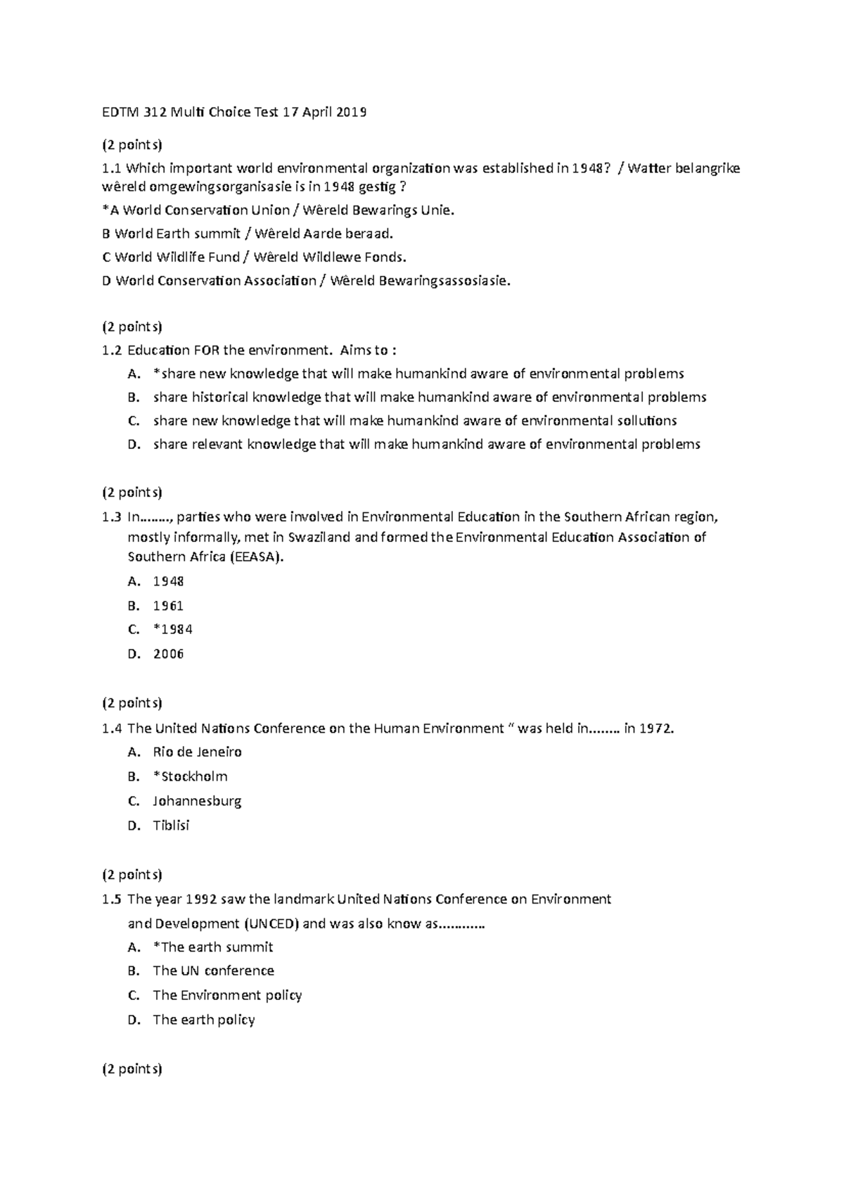 EDTM 312 Multi Choice Test - Environmental Education, April 2019 - Studocu
