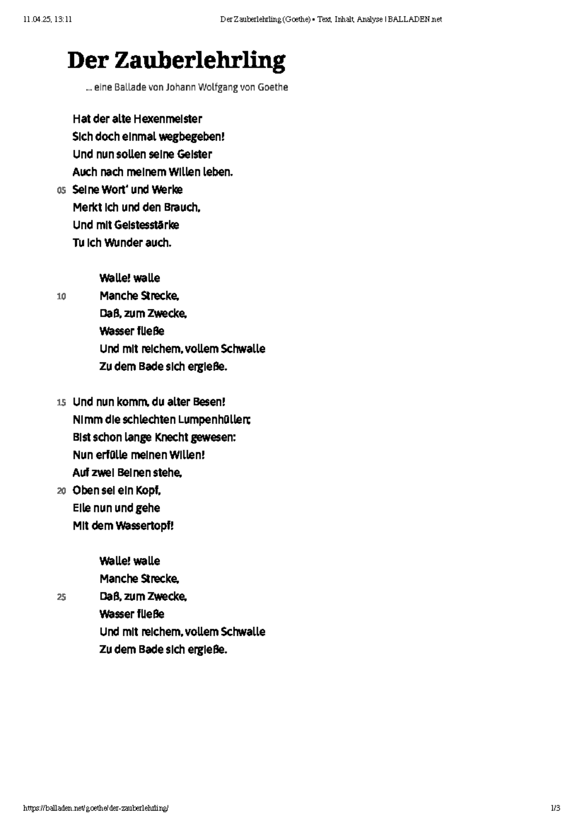 Der Zauberlehrling (Goethe) - Text, Inhalt & Analyse (BALLADEN) - Studocu