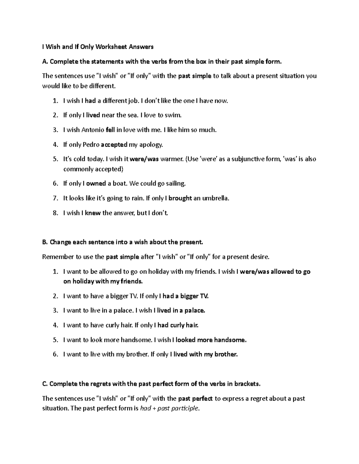 I Wish and If Only Worksheet Answers: Past Simple & Perfect Forms - Studocu