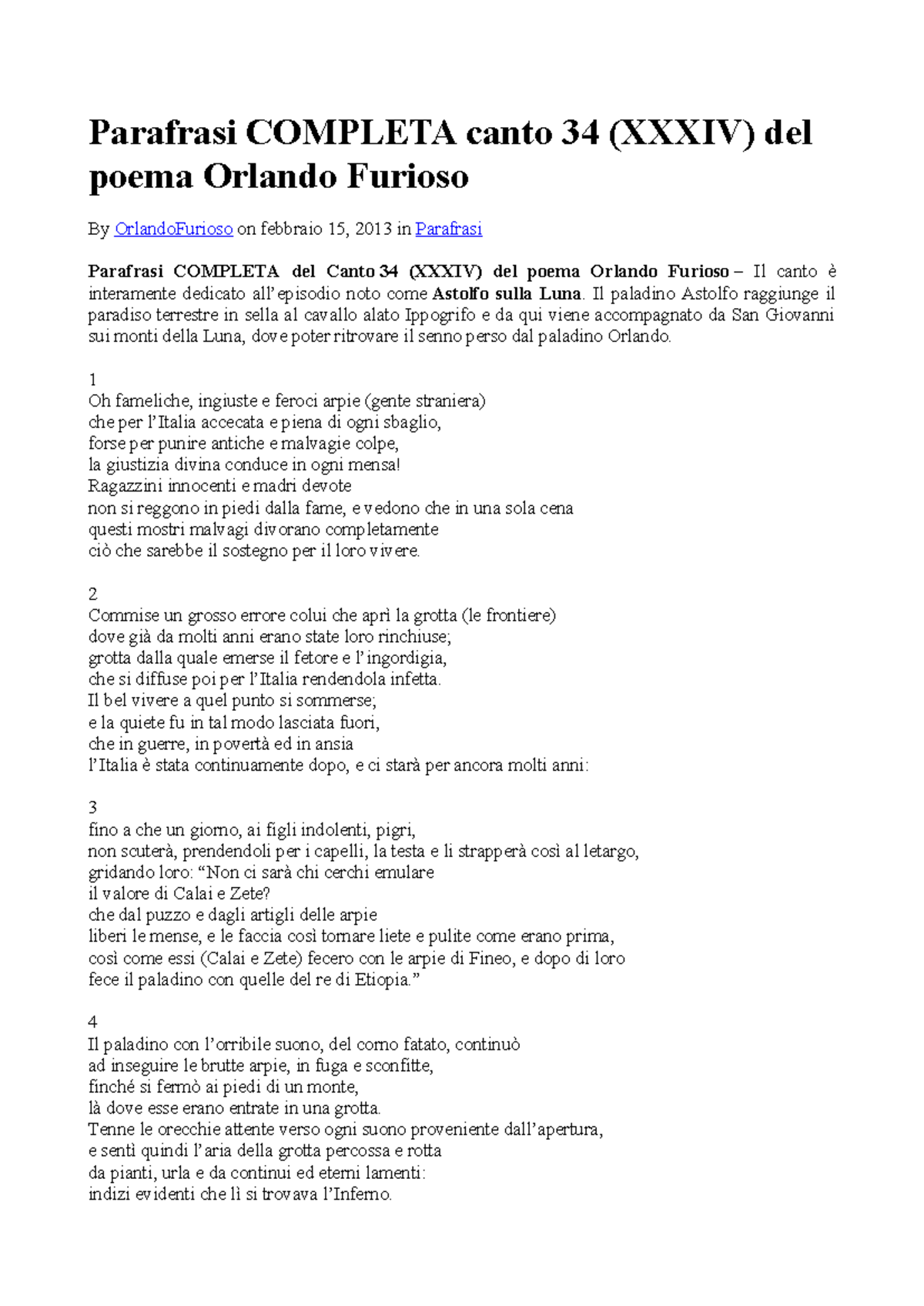 Parafrasi Completa del Canto 34 - Orlando Furioso (Italiano) - Studocu