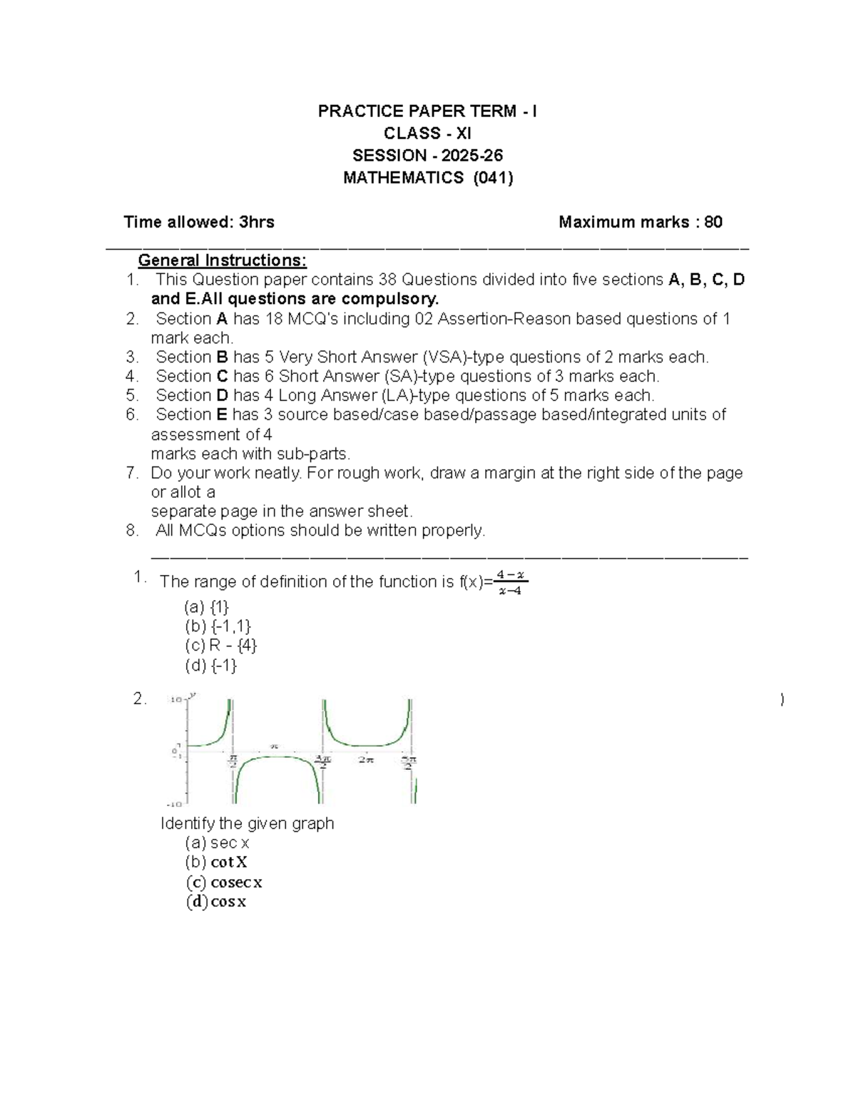 PRACTICE PAPER TERM I CLASS XI MATHEMATICS (041) 2025-26 - Studocu