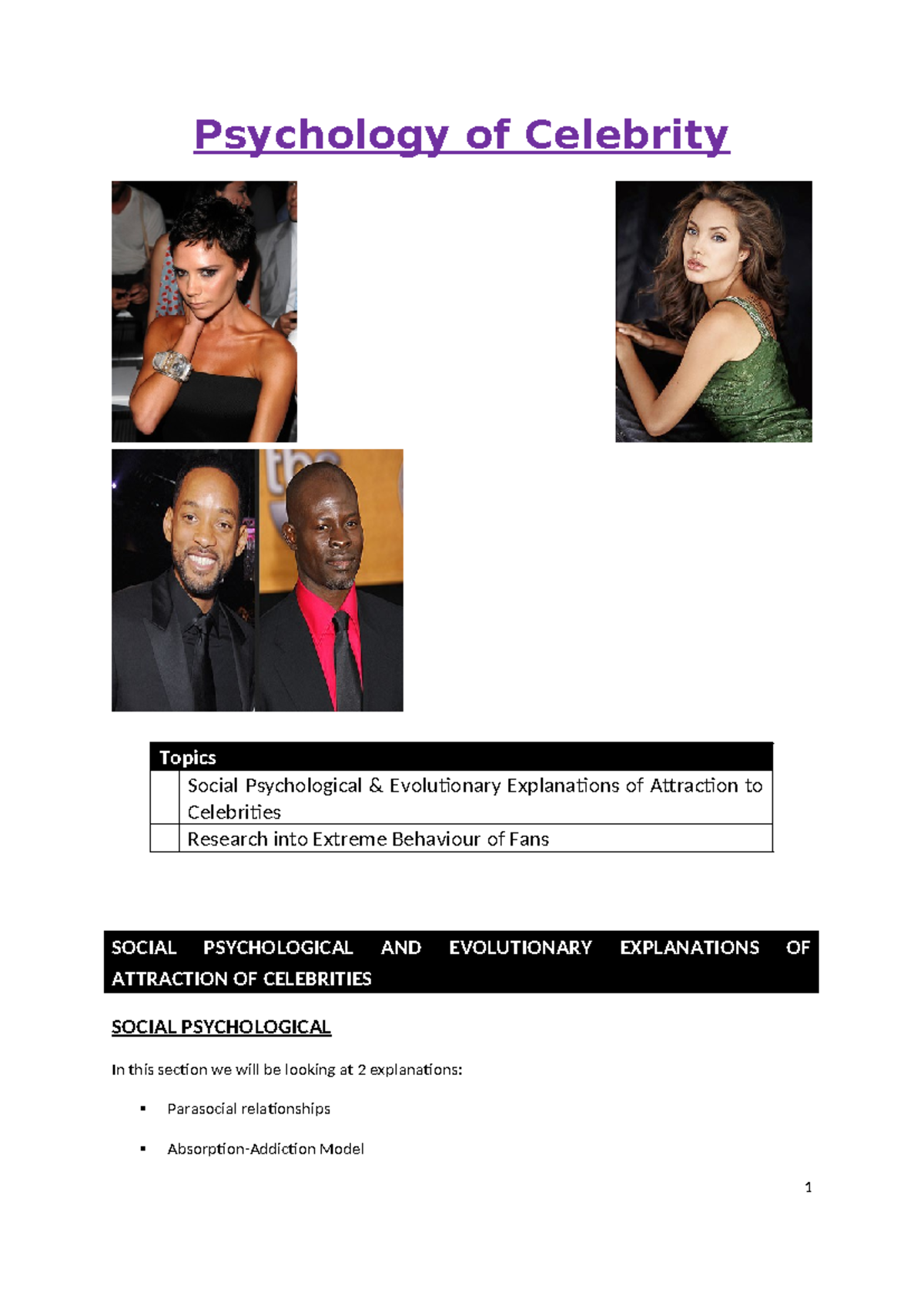 Psychology of Celebrity: Social & Evolutionary Explanations (A1) - Studocu