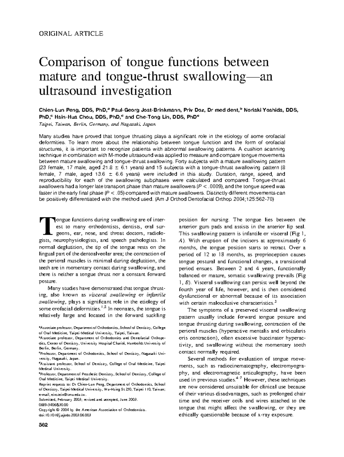 Comparison of Tongue Functions in Mature vs. Thrust Swallowing Patterns ...