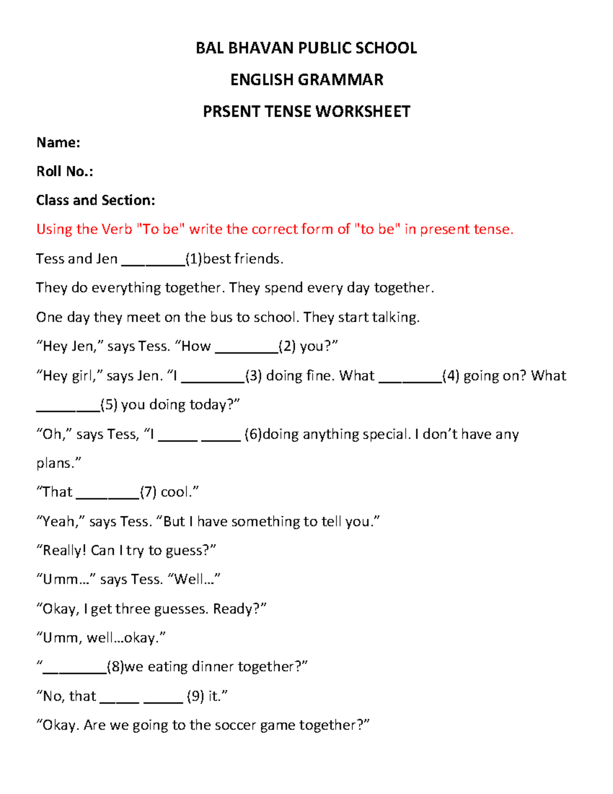 Present Tense Worksheet for English Grammar - Class Details - Studocu