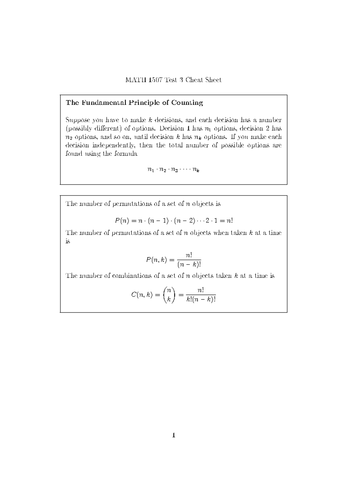 MATH 1507 Test 3 Cheat Sheet: Counting Principles & Probability - Studocu