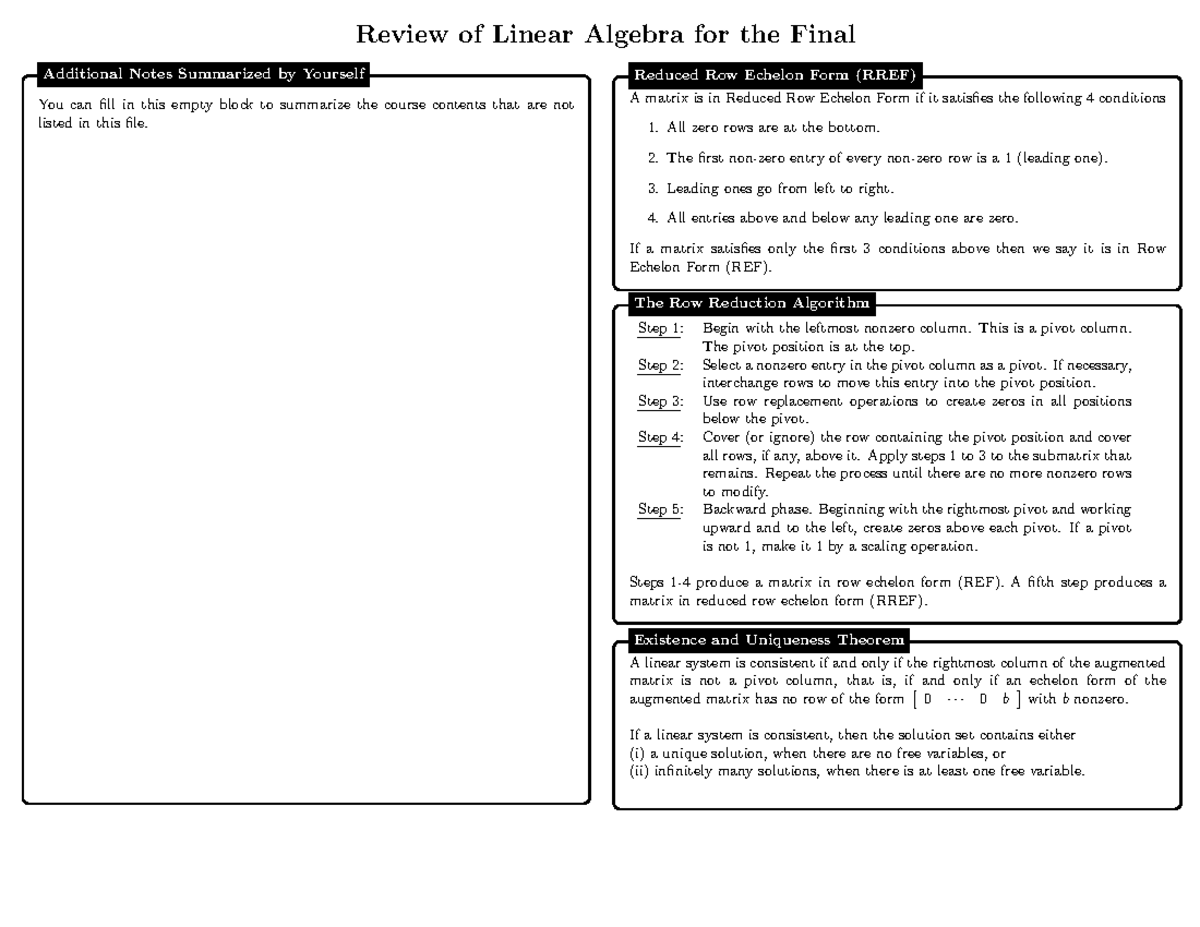 Review of Linear Algebra for the Final (Blank Notes) - Review of Linear ...